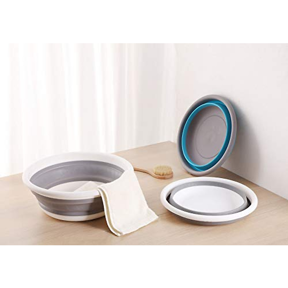 AAKitchen Collapsible Portable Wash Basin Dishpan 5L Kitchen Dish Pans Washing Basin Foldable Strainer Wash and Drain Dish Tub Drainer for RV, Camping, Marine, BBQ (White/Gray)