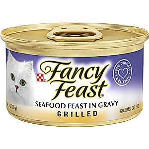Fancy Feast Gravy Grilled Wet Cat Food Variety Packs Include Chicken, Seafood, & Beef Feast in Gravy Adult Bundle Collection Gluten-Free Protein (Pack of 18)