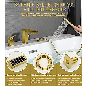 Modern Roman Tub Faucet with Hand Shower, Deck Mount Tub Filler Bathtub Faucet with Sprayer, Single Handle Bathtub Faucet Set, Widespread 3 Hole Bathtub Faucet (Brushed gold-Wide Spout)