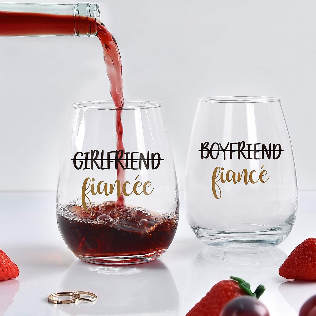 Modwnfy Boyfriend and Girlfriend Wine Glass, Fiance and Fiancee Stemless Wine Glass 15Oz, Engagement Gifts for Couples Fiance Fiancee Him Her (Set of 2)