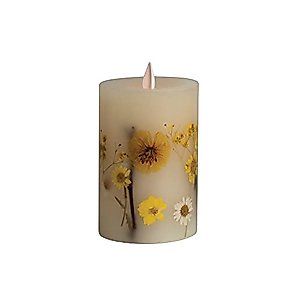 Creative Co-Op Pillar Daisy Inlay and Timer, Multicolor LED Candle, Yellow