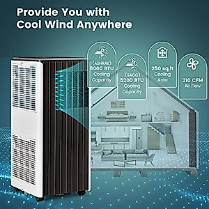 COSTWAY 8000 BTU Portable Air Conditioner, 3-in-1 AC Unit with Dehumidifier & Smart Sleep Mode, 24H Timer & Remote Control, Cools Rooms up to 250 Sq.Ft, Window Kit Included