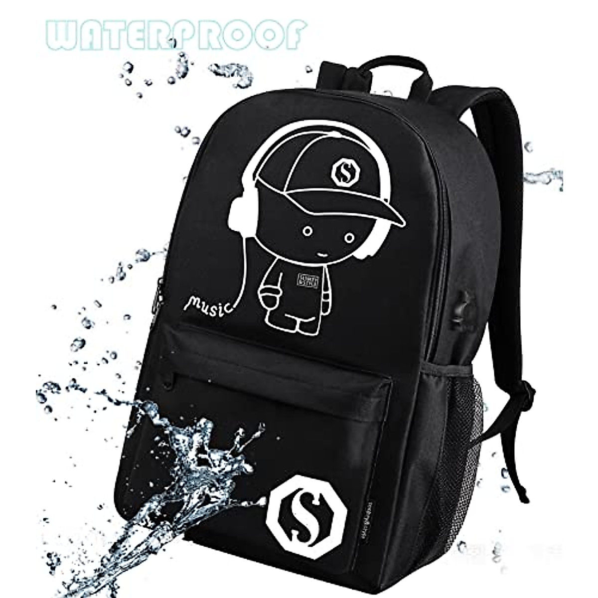 Lmeison Boys Backpack for School, Anime Cartoon Luminous Backpack with Lunch Box Pencil Case, Waterproof School Bookbag for Teen Girls, Laptop Backpack for Middle School High School, College, Black