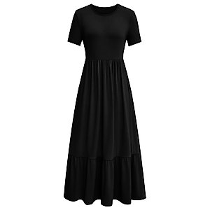 LILLUSORY Womens Short Sleeve Crew Neck Tiered Flowy Swing Midi Dresses with Pockets Black
