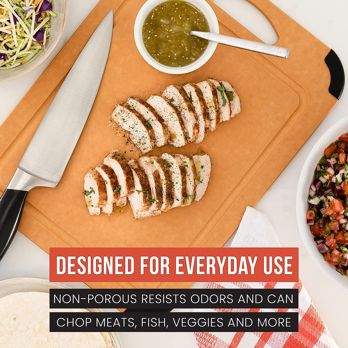 Chef Pomodoro Wood Cutting Board for Kitchen, Dishwasher Safe, Dual-sided with Juice Groove, Non-porous Non-slip Scratch-resistant Surface, Easy Grip Handle, 14.5 x 11 inches