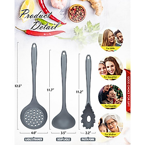3 Pcs Silicone Kitchen Utensils Set, Soup Ladle-Pasta Fork-Slottede Spoon, Nonstick BPA Free High Heat Resistant Cooking Utensils for Mixing, Serving, Draining, Turning, Stirring