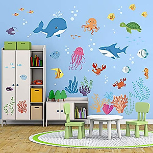 decalmile Under The Sea Dolphin Fish Wall Decals Vinyl Peel and Stick Kids Room Wall Stickers Baby Nursery Childrens Bedroom Bathroom Wall Decor