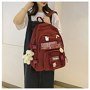 FOMEEX Kawaii Backpack with Pins Bear Pendant Cute Aesthetic Japanese School Bags Kawaii School Supplies Preppy Korean Stationary (Wein Red), One Size