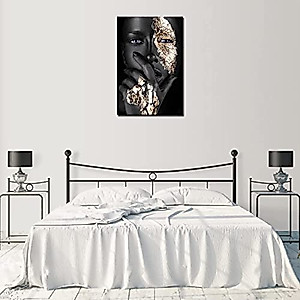 Black Woman Wall Art African American Wall Art Canvas Framed Black and Gold Women Portrait Canvas Print Artwork Black Art Wall Decor African Decorations for Living Room 12”x16”