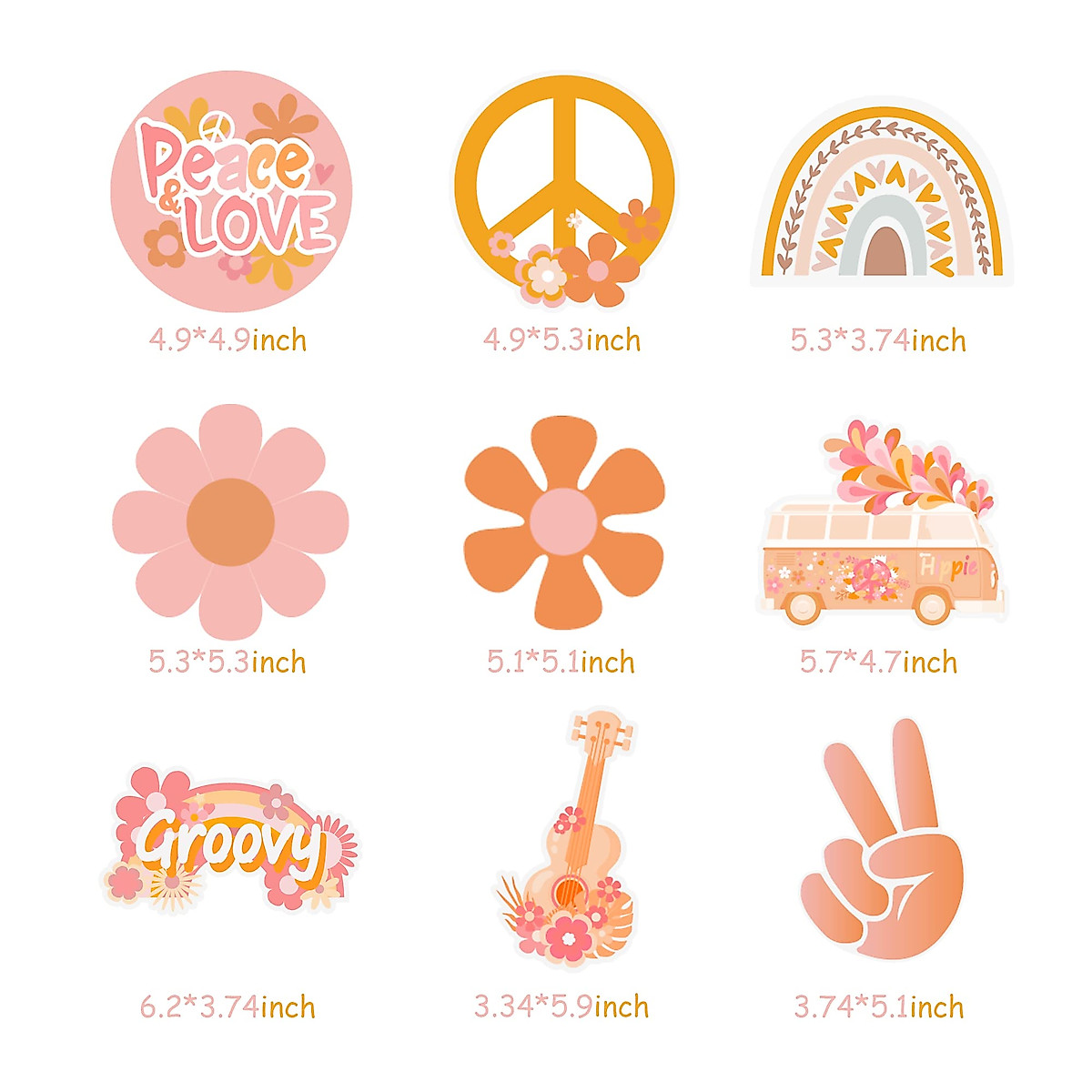 Kirako 45 Pcs Groovy Retro Hippie Cutouts Bulletin Board Decorations Set Pink 60’s Hippie Bus Peace Sign Daisy Flower Boho Rainbow Wall Decals for Classroom Nursery Baby Shower Girl’s Birthday Party