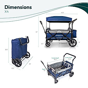 WONDERFOLD X4 Navy Multi-Function 4 Passenger Quad Push and Pull Folding Stroller Wagon, Adjustable & Removable Canopy, Double Seats with 5-Point Harness, Navy