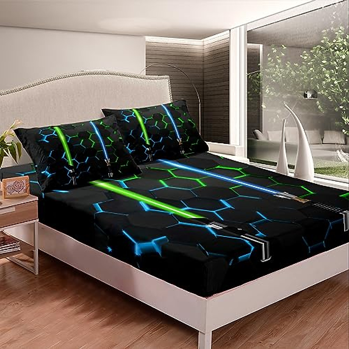Geometric Honeycomb Hexagon Bed Sheets Twin Size Neon Blue Green Lightsaber Bedding Set 3Pcs Kids Boys Men Gamer Room Decor Fashion Black Sheet Set Cool 3D Games Fitted + Flat Sheet,1 Pillowcase