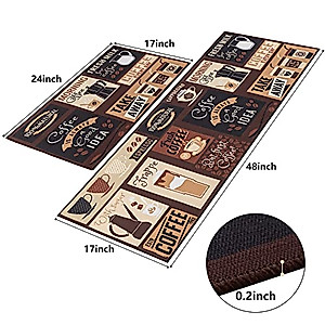 Carvapet 2 Piece Kitchen Rug Set Non-Slip Backing Mat Throw Rug for Kitchen Doormat Runner Rug Set,Cafe Design (17"x48"+17"x24")