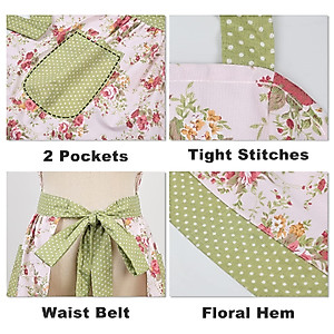Surblue Kitchen Aprons for Women with 2 Pockets, Organic Cotton, Extra-Long Tie, Heavy Duty Bib Aprons for Cooking, Baking, BBQ, Gardening, Style Diana, Floral Green, Adult