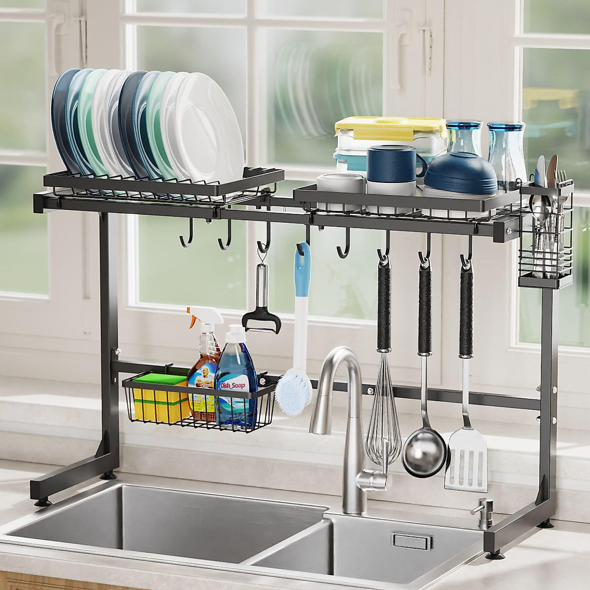 GSlife Over The Sink Dish Drying Rack - Length Adjustable (33.66~39.57") Dish Rack Over Sink Large Capacity, Rustproof Kitchen Dish Drying Rack, Above Sink Dish Rack, Black