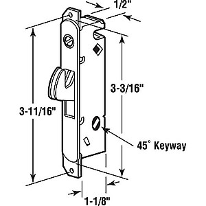 Prime-Line E 2014 Mortise Lock - Adjustable, Spring-Loaded Hook Latch Projection for Sliding Patio Doors Constructed of Wood, Aluminum and Vinyl, 3-11/16 In., 45º Keyway, Round Face (Single Pack)