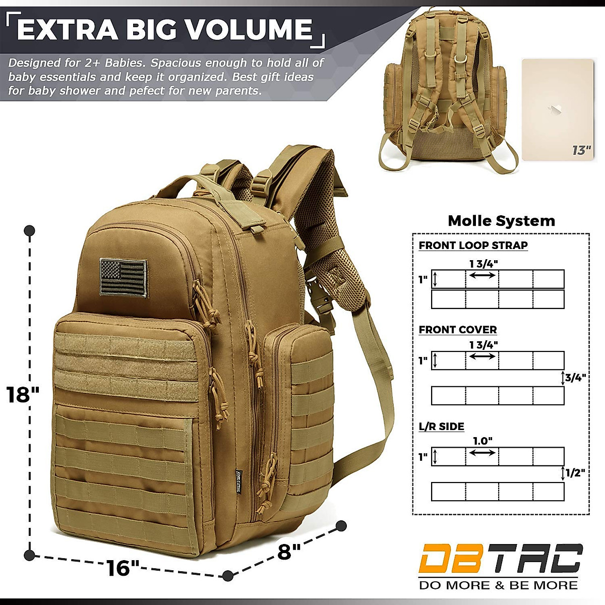 DBTAC Military Style Diaper Bag (Tan) + Tactical Lunch Bag (Tan), Durable Material with Large capacity, Multi-functional Design