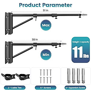 Wall Mounting Triangle Boom Arm for Ring Light: Max 51inch, 180º Flexible Rotation, Save Space, Adjustable Camera Mount Up to 4.26ft for Photography Light, Monolight, Softbox, Umbrella, Reflector etc.