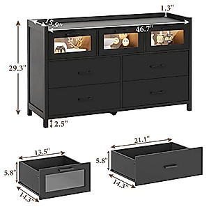 VIAGDO Black Dresser for Bedroom,7 Drawer Dressers with LED Lights, Dressers & Chests of Drawers, Bedroom Closet Wooden Long Kids Dresser for Bedroom, Kids Room, Hallway (DG1201-B)