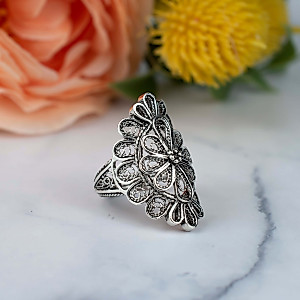 Filigranist 925 Sterling Silver Filigree Art Lace Embroidery Detailed Women Long Statement Ring (8.5)