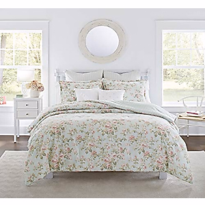 Laura Ashley Home - King Comforter Set, Reversible Cotton Bedding, Includes Matching Shams with Bonus Euro Shams & Throw Pillows (Madelynn Pastel Blue, King)