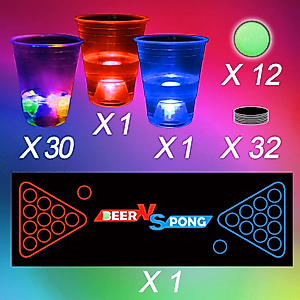 noveltymeme 45 PCS Glow in the Dark Beer Pong Table Mat, Drinking Game Pong Game with Party Cups, Glow Pongs for Indoor Outdoor Party Game Party Supplies Decoration Flashing&Red&Blue