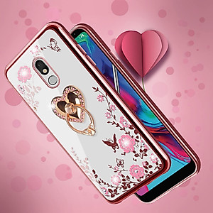 LG Stylo 5 Case,Glitter Crystal Butterfly Heart Floral Cute for Girls Women,Stylo 5 Plus/Stylus 5/LG Stylo 5V/LG Stylo 5X Case Slim Soft TPU Clear Case with Ring Stand for LG Stylo 5 (Rose Gold)