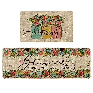 Artoid Mode Vases Flowers Hello Spring Kitchen Mats Set of 2, Home Decor Low-Profile Kitchen Rugs for Floor - 17x29 and 17x47 Inch