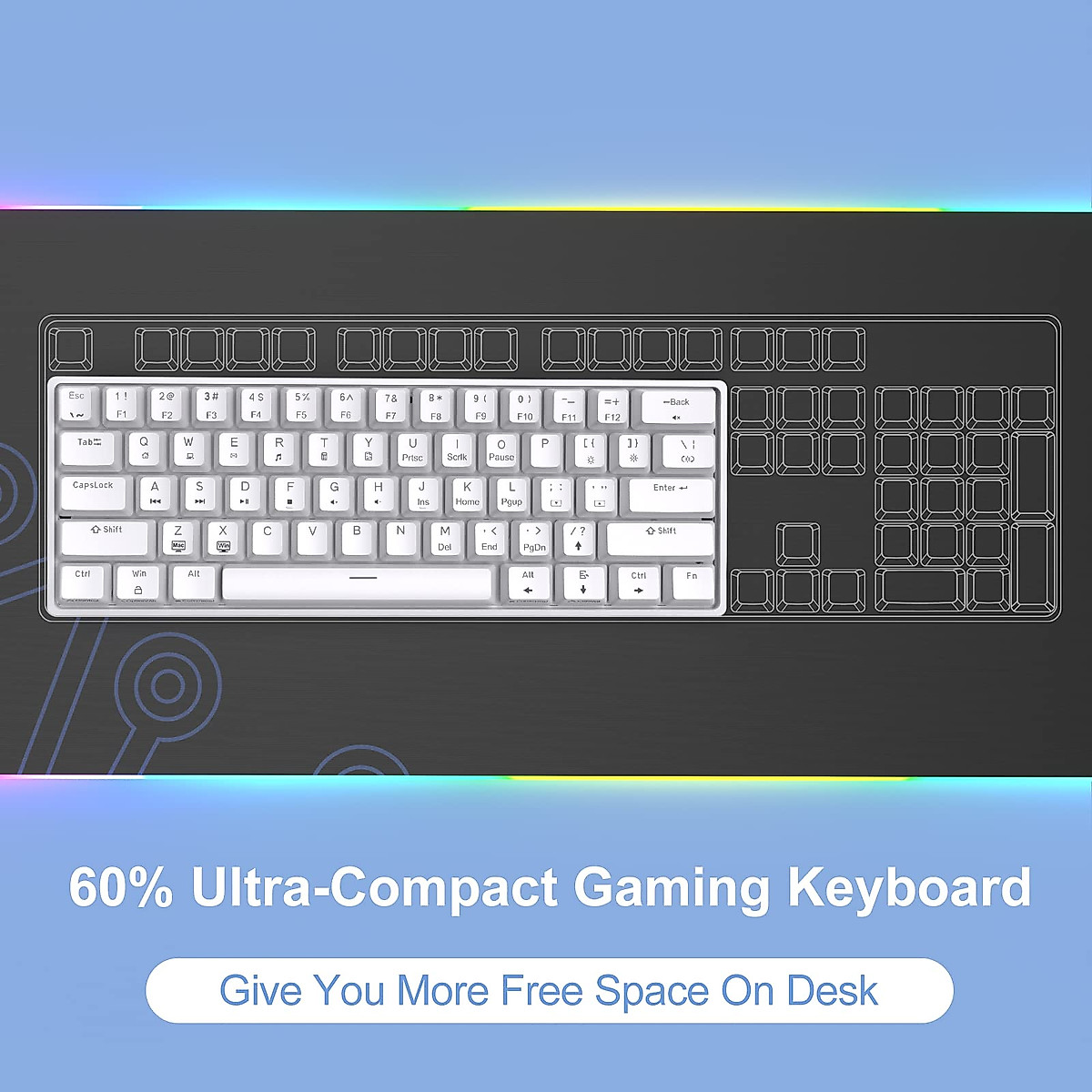 DIERYA 60% Mechanical Keyboard, DK61se Wired Gaming Keyboard with Blue Switches, LED Backlit Ultra-Compact 61 Keys Mini Office Keyboard for Windows Laptop PC Gamer Typist（White）