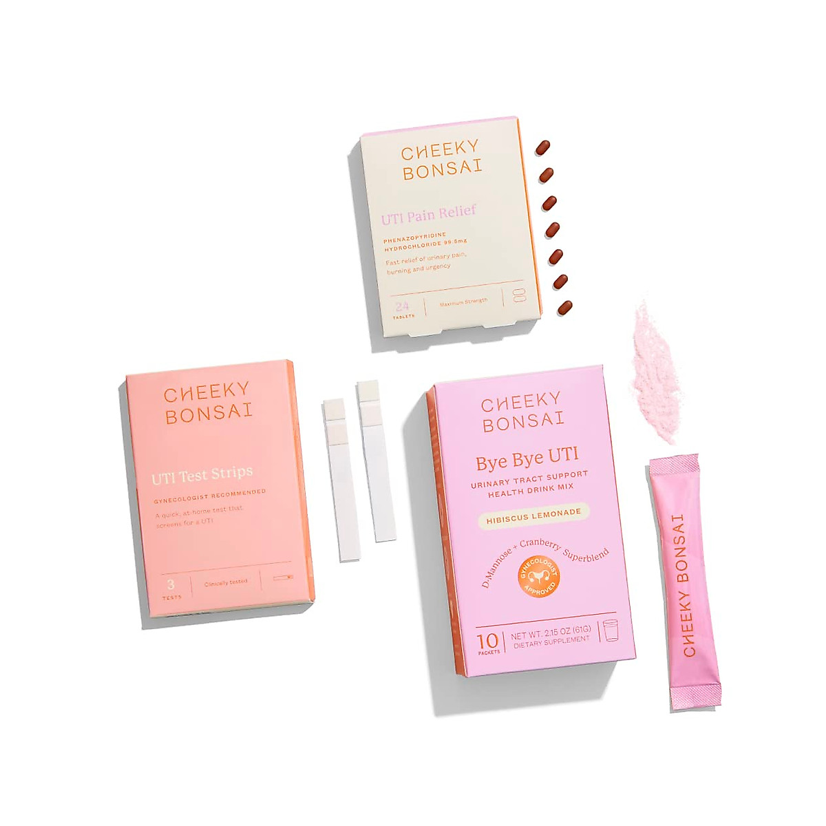 Cheeky Bonsai, UTI Care Kit Bundle - Complete UTI Care Kit Contains: Cheeky Bonsai Bye Bye UTI Drink Mix, Cheeky Bonsai UTI Test Strips, and Cheeky Bonsai UTI Pain Relief