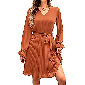 PRETTYGARDEN Women's Casual Spring Fall Dresses Long Puff Sleeve V Neck Pleated Ruffle Flowy Belted Dress (Brick Red,Medium)