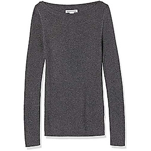 Amazon Essentials Women's Lightweight Ribbed Long-Sleeve Boat Neck Slim-Fit Sweater, Charcoal Heather, Medium