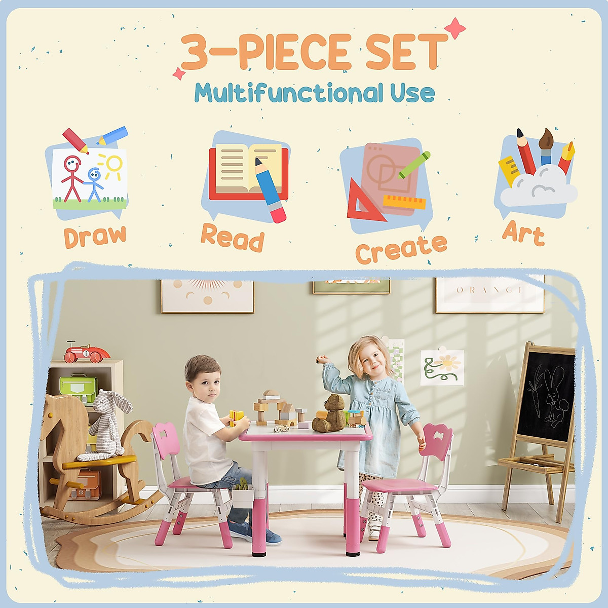 Qaba 3 Pieces Kids Table and Chairs, Height Adjustable Toddler Table and Chair Set with Storage, Easy to Wipe, Activity Table 2 Chairs for Classroom, for Daycare Classroom, 18 Months-5 Years, Pink