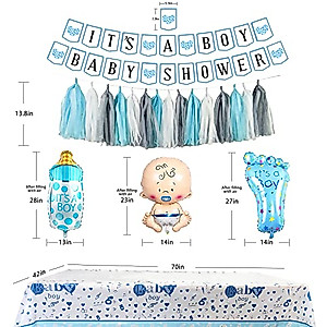 Baby Shower Decorations for Boy kit - Boy Baby Shower Banner,Foil balloons,Cake Toppers, Sash, Balloons, Paper Lanterns, Honeycombs, Tissue Paper Fans, Tassels,Blue Grey White