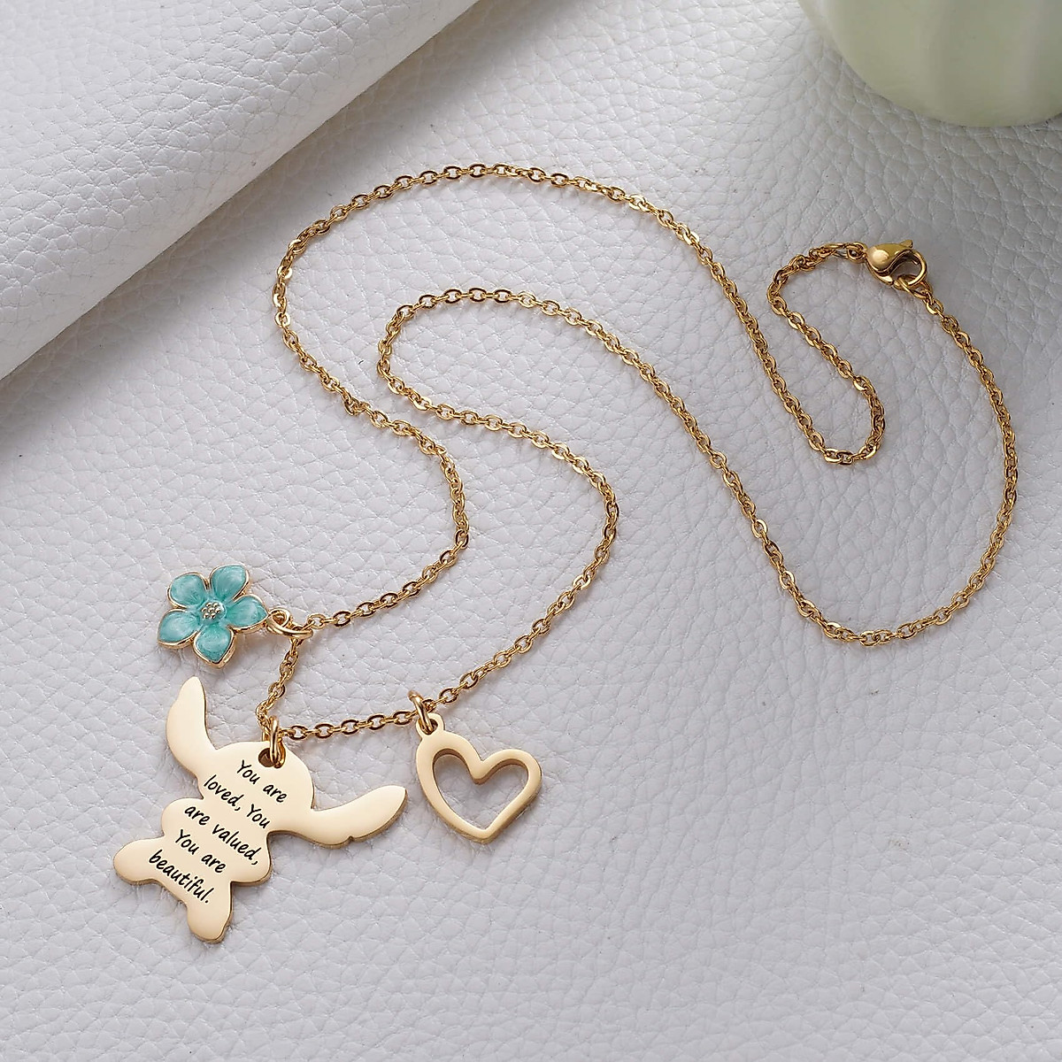 MIXJOY Inspirational Stitch Gifts You are Loved Valued Beautiful Stitch Necklace Gifts for Teen Granddaughter Daughter Niece, Stitch Lover Birthday Jewelry Gifts for Women, Gold