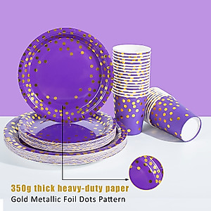 HOMIX Purple and Gold Party Supplies 175 Pieces Disposable Purple Paper Plates Napkins Cups, Gold Plastic Forks Knives Spoons for Mardi Gras, Birthday Decor, Cocktail Party