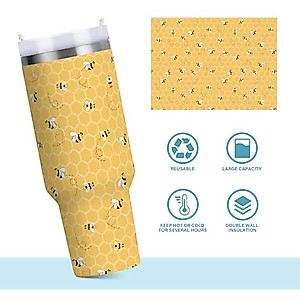 Slewiaeky Tumbler with Handle 40 oz Bees Honey Yellow Travel Mug with Lid and Straw Stainless Steel Vacuum Insulated Water Bottle Cup for Iced Tea Coffee Cold Beverages Cup Holder Friendly