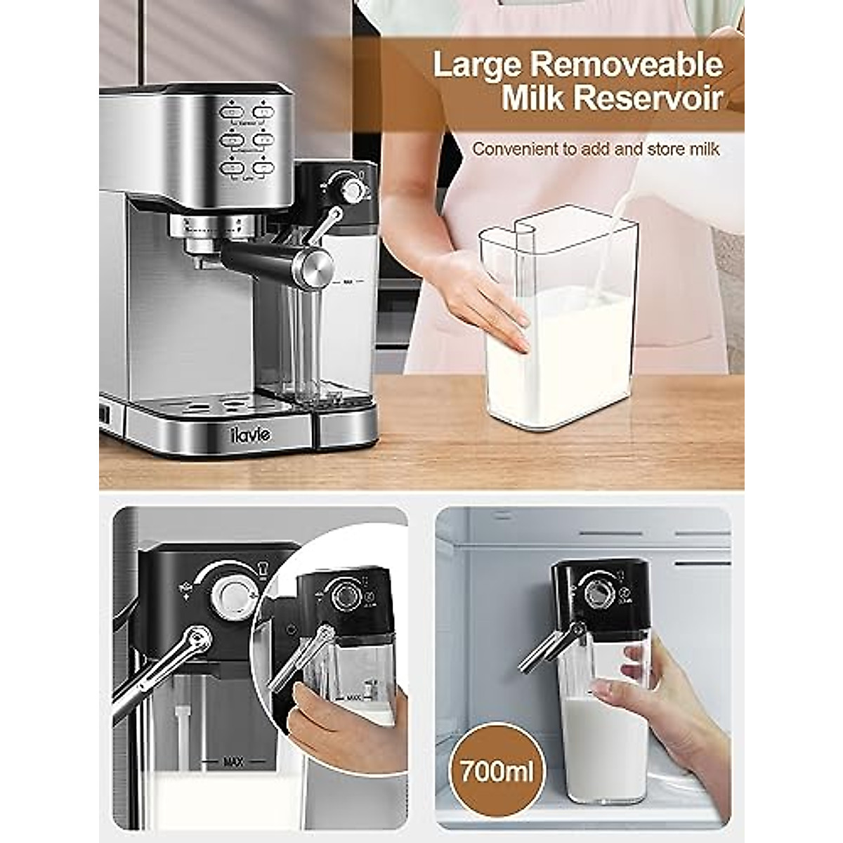 ILAVIE 6-in-1 Espresso Coffee Machine Built-In Automatic Milk Frother, 20 Bar Espresso & Cappuccino & Latte Maker with 34 oz Removeable Water Tank, Ideal for Home Use, Stainless Steel