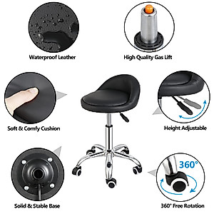 JupiterForce 24'' Adjustable Rolling Stool 360 degree Swivel Salon Office Massage Medical Facial Spa Stool Chair with Wheels Backrest PU Cushion Gas Lift Stool (Black)