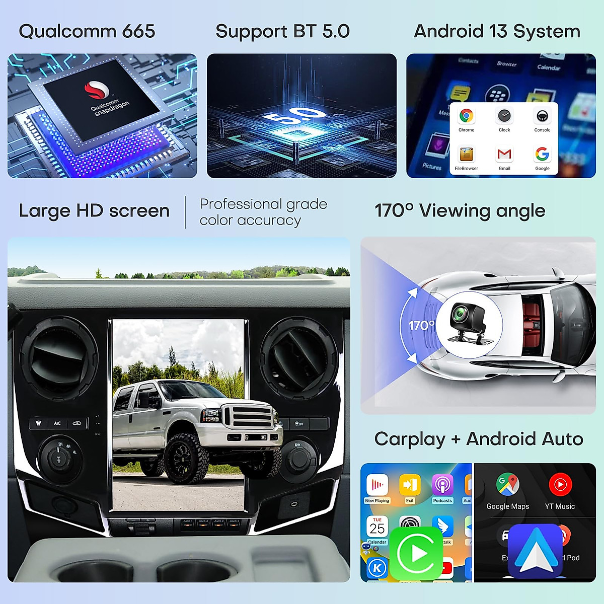 Qualcomm Car Radio for Ford F250 F350 2009-2012 F450 F650 2009-2016 Stereo Replacement Carplay Android Auto Upgrade 12.1 Inch 2K IPS Touch Screen Android 13 Tesla Style Head Unit Navigation