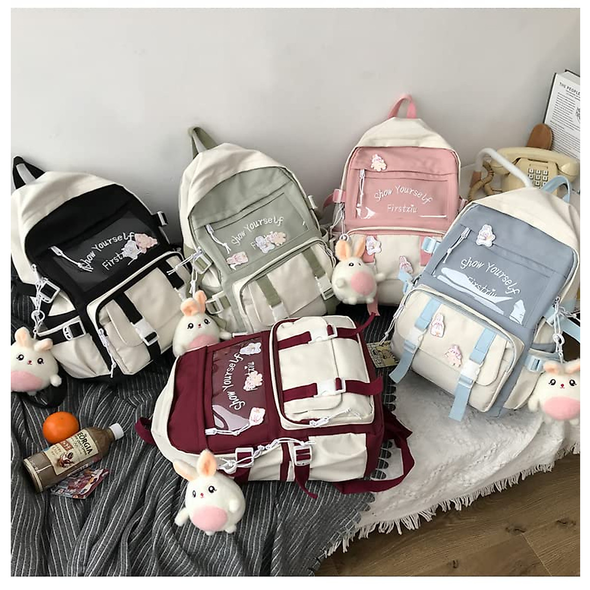 MEOKIM Kawaii backpack student schoolbag large-capacity tooling style backpack stitching cute girl campus backpack(Blue)