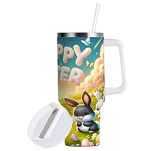 RPLIFE Cute Easter Rabbits Tumbler with Handle, Stainless Steel Coffee Tumbler, Tumbler with Lid and Straw