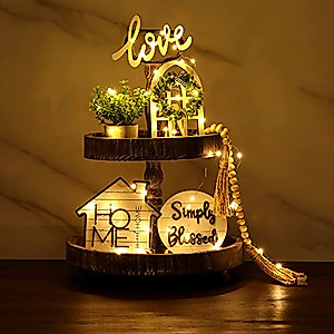 Fall Tiered Tray Decor 10 Pieces Farmhouse Decor for Tiered Tray, White Exquisite Relief Design Sign Rustic Table Ornaments for Kitchen Table Decoration, Housewarming Gift (Tiered Tray NOT Included)