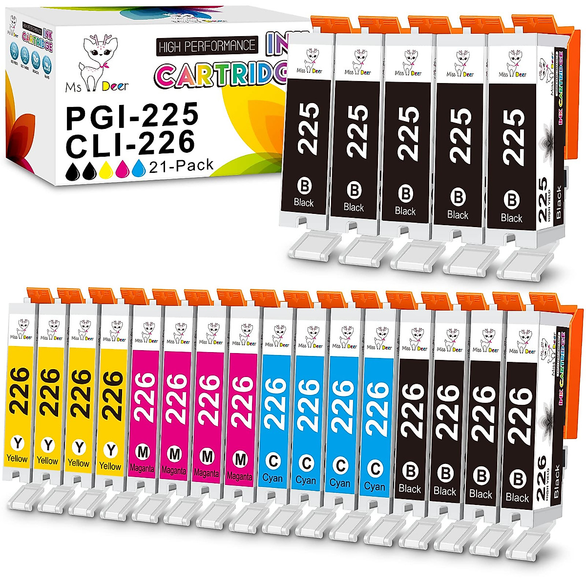 Miss Deer Compatible Ink cartridges 225 and 226 Replacement for Canon PGI-225 CLI-226 for MG6220 MG6120 MG5320 MG5220 MX882 MX892 (5 Large Black, 4 Small Black, 4 Cyan, 4 Magenta, 4 Yellow) 21-Pack