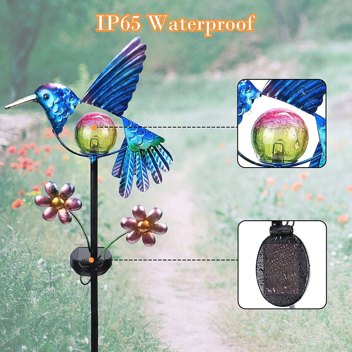 Afirst Solar Garden Stake Lights - Outdoor Waterproof Decorative Solar Lights, Hummingbird LED Warm Crackled Glass Globe Lights for Walkway, Pathway, Yard, Lawn