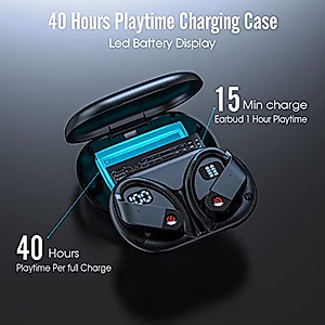 Bobtot Earbuds Wireless Bluetooth Sports Headphones - 40H Playtime IPX7 Waterproof Bluetooth 5.0 in-Ear Bass Earphones Running Workout Headset with Earhooks Built-in Microphone LED Display Black