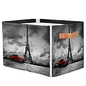 Large Collapsible Storage Bins ,Paris Eiffel Tower Car Decorative Canvas Fabric Storage Boxes Organizer with Handles，Rectangular Baskets Bin for Home Shelves Closet Nursery Gifts