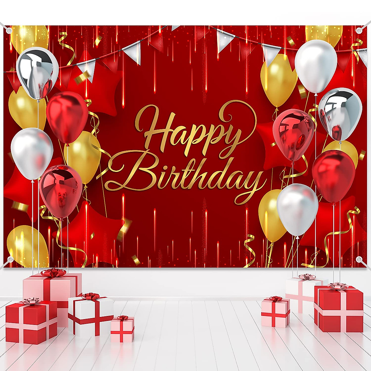 Red and Gold Birthday Backdrop Banner Decorations for Girls Boys Women Men Happy Bday Background Photography Party Decor Sign Supplies