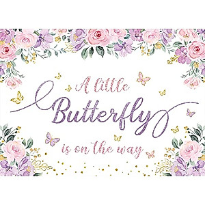 SVBright Butterfly Floral Baby Shower Backdrop 7Wx5H A Little Butterfly is on The Way Pink Purple Flowers Girls Princess Gold Dots Party Decorations Photography Background Banner Photo Booth Studio