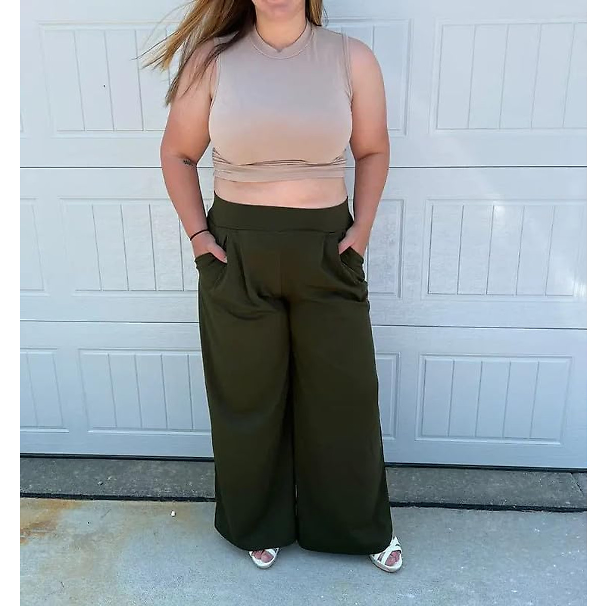 LROSEY Women's Stretchy Solid Color High Waisted Wide Leg Palazzo Pants with Pockets Green